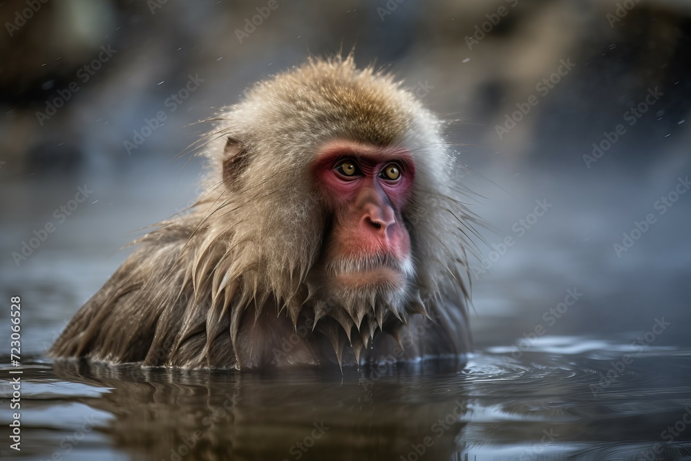 Japanese cute fluffy monkey in pond water. Wildlife jungle macaque ...