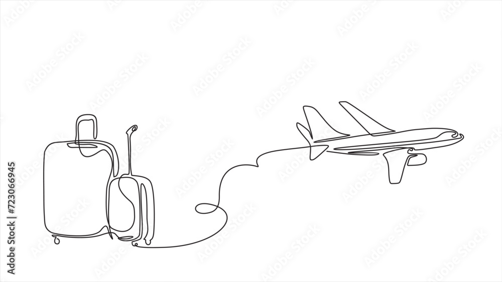 Suitcase and airplane in one continuous line drawing. Vacation with ...