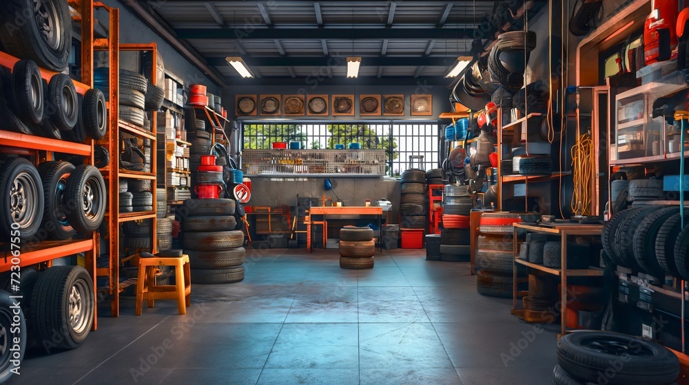 Empty garage workshop space interior full of tires and tools for car ...