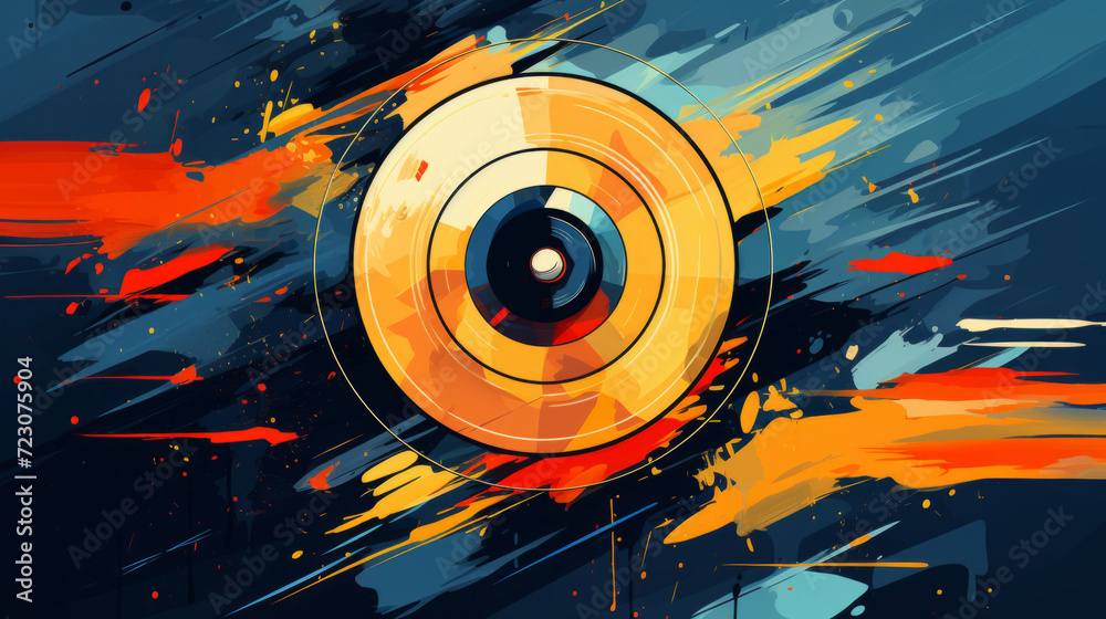 Vinyl record, abstract art and vibrant colors in musical expression ...