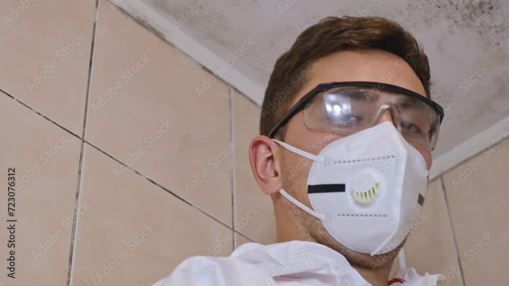 mold cleaning, moldy bathroom and a man in a professional protective ...