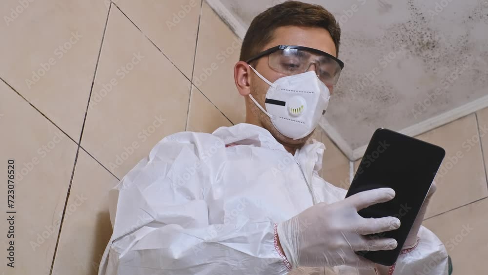 mold cleaning, moldy bathroom and a man in a professional protective ...