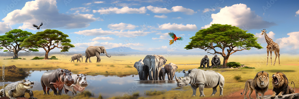 African savanna animals group, african cheetah, african buffalo ...