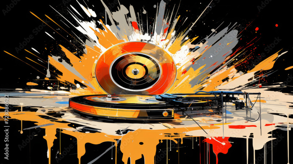 Vinyl record, abstract art and vibrant colors in musical expression ...