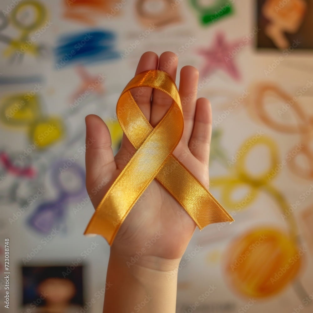 A doctor's hand presenting a gold ribbon for childhood cancer awareness ...