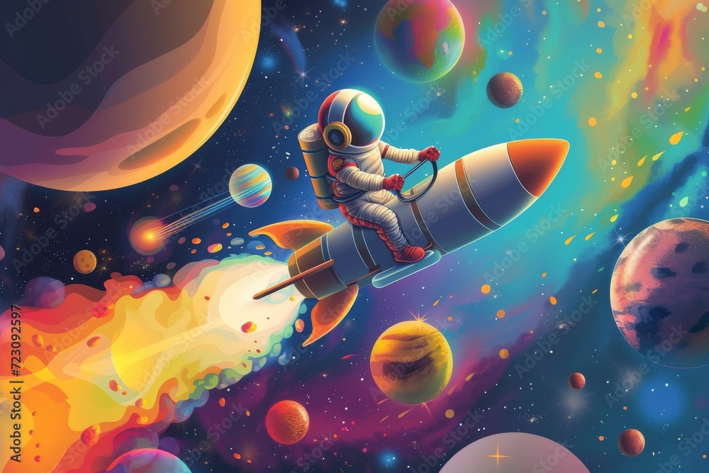 An illustration of a child in astronaut gear on a rocket launcher, with ...