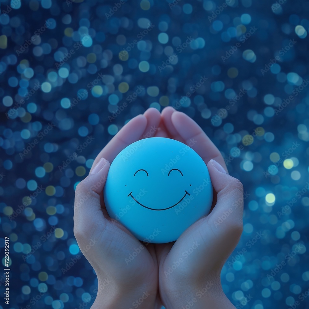 Delicate hands holding a serene blue smiley face object, conveying ...