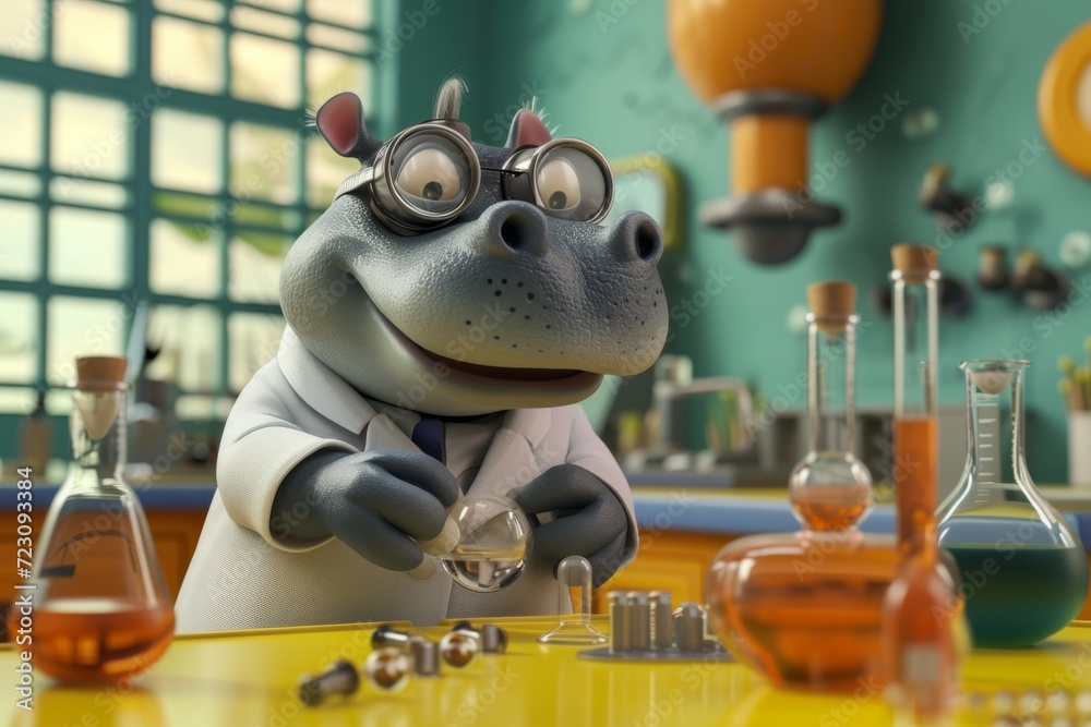 A 3D Hippo character conducting a science experiment, wearing a lab ...