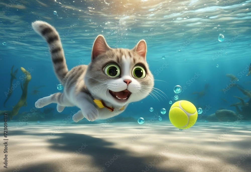Cute cartoon cat playing with tennis ball under water swimming pool ...