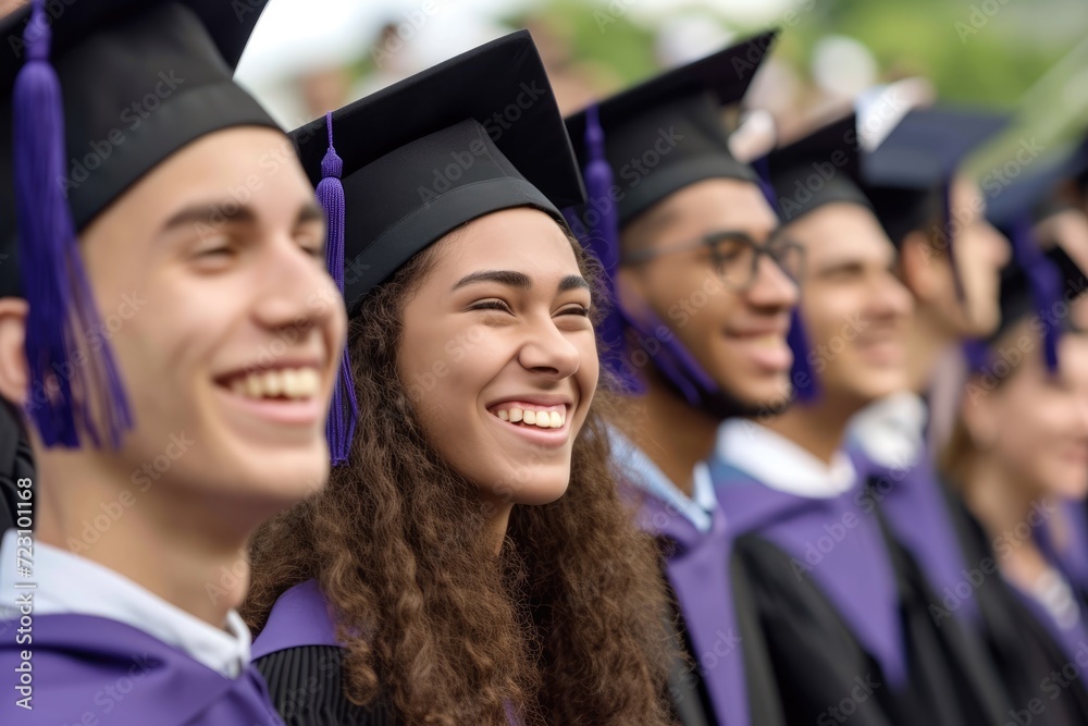 A diverse group of jubilant graduates in blue caps and gowns share a ...