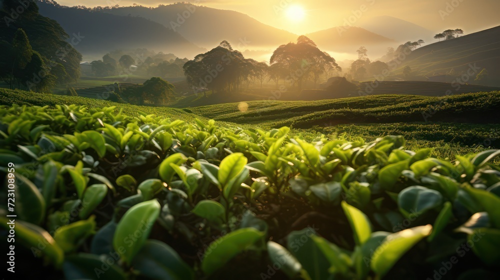 Tea field farm with view of natural fresh green tea leaf shoots in peak ...