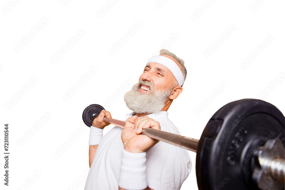 Comic, confident cool grey haired grandpa with humor grimace exercising ...
