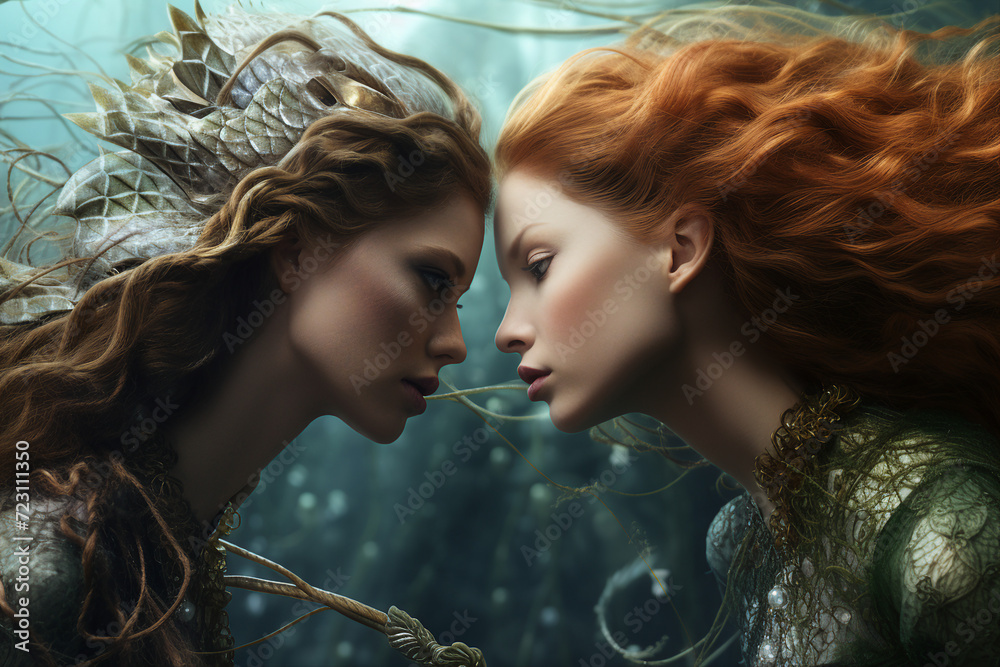 Generative ai creative collage of two fantasy creature battle female ...