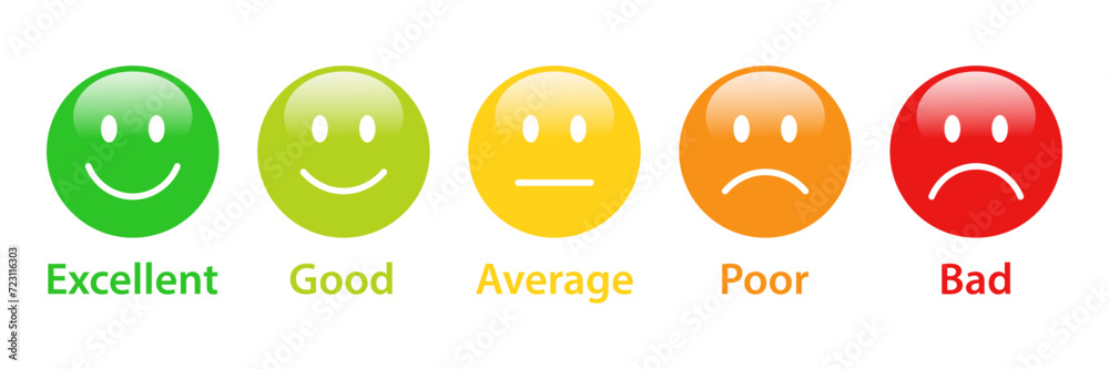 3D Rating Emojis set in different colors with label. Feedback emoticons ...