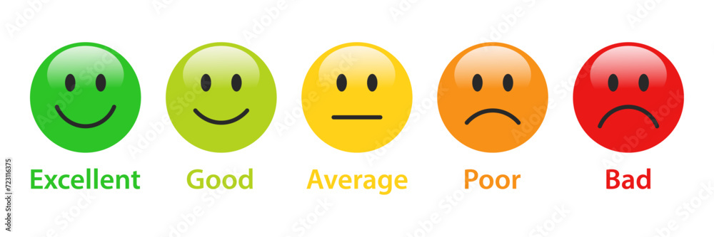 3D Rating Emojis set in different colors with label. Feedback emoticons ...