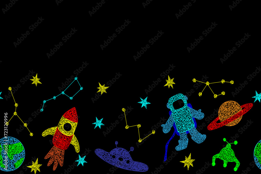 Seamless border with hand drawn stars, flying sauer, planet, mars rover ...