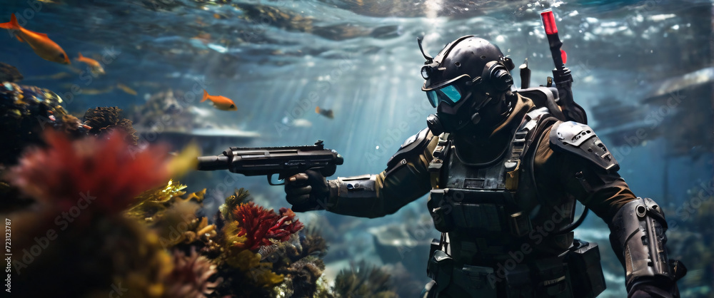 cyborg soldier fighting in underwater in ocean zone using weapon ...