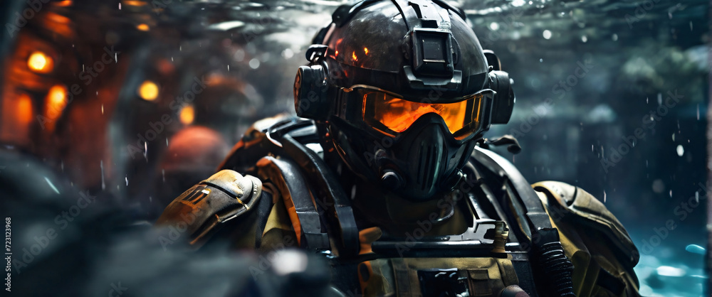 cyborg soldier fighting in underwater in ocean zone using weapon ...