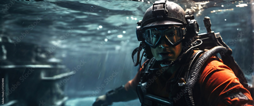 cyborg soldier fighting in underwater in ocean zone using weapon ...
