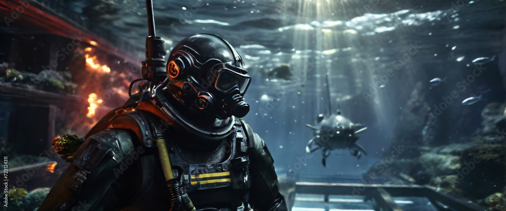 cyborg soldier fighting in underwater in ocean zone using weapon ...