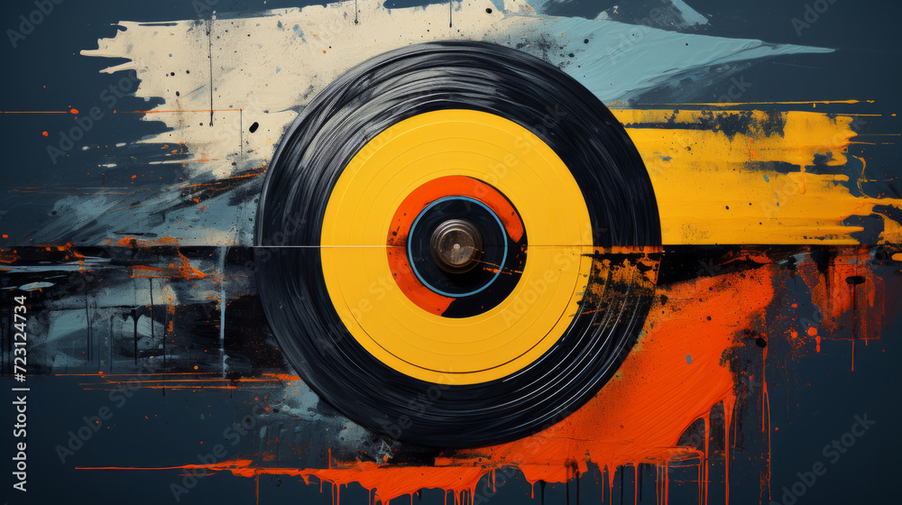 Vinyl record, abstract art and vibrant colors in musical expression ...