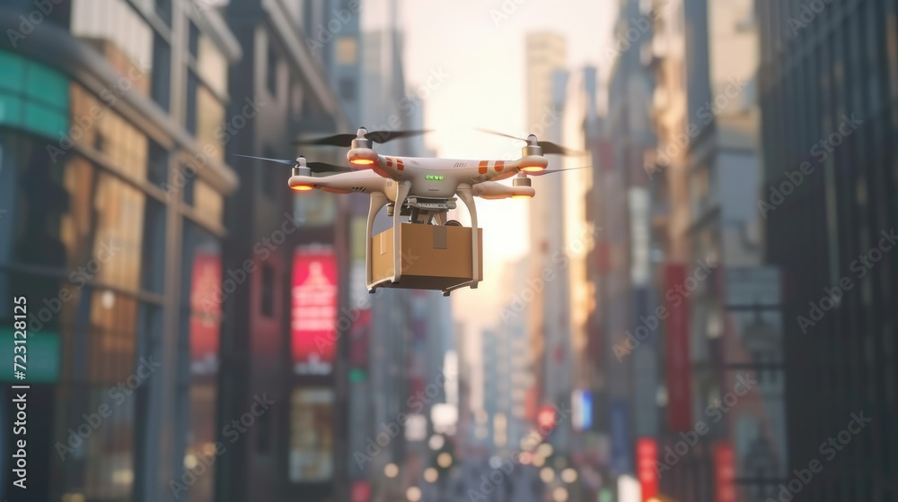 Robot delivering box. Flying drone hold package. Air copter with ...