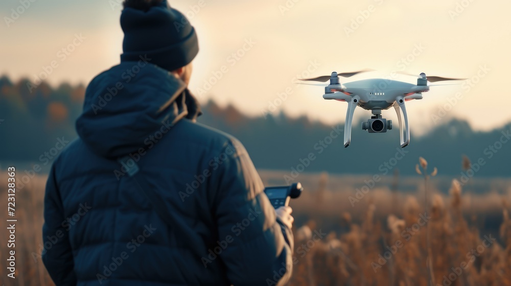 Person control flying drone with video camera. Modern technology. Air ...