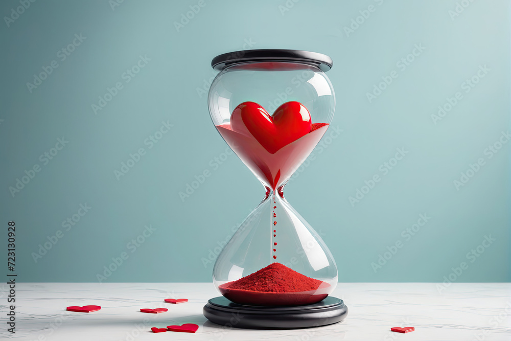 hourglass with red heart. Red heart flowing in hourglass on pastel ...