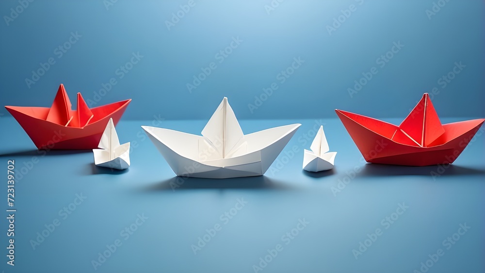 Fotka „On a blue backdrop, a group of white paper ships pointed in one ...