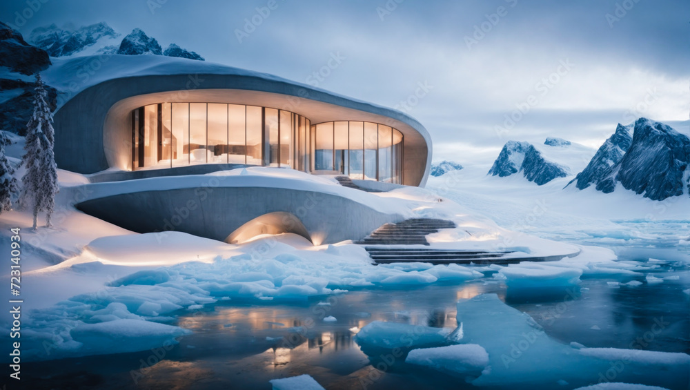cozy modern house with bionic. Modern museum snow glacier in Antarctica ...