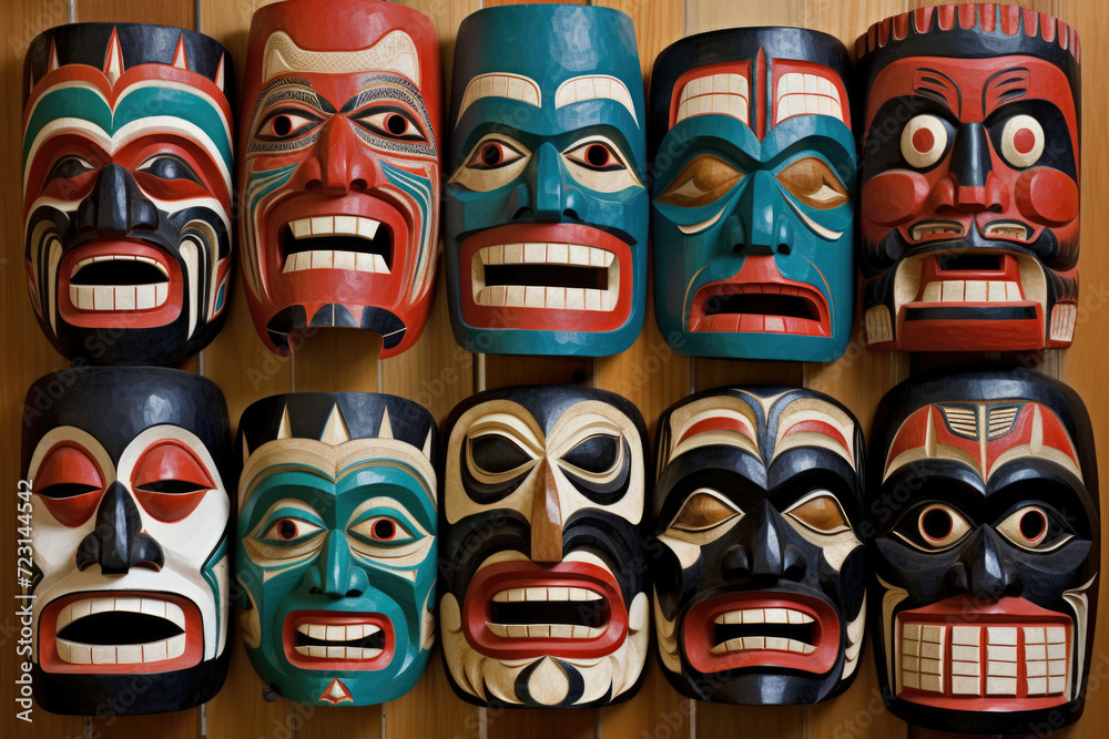Typical wooden masks in Kathmandu in Nepal. The masks are traditionally ...