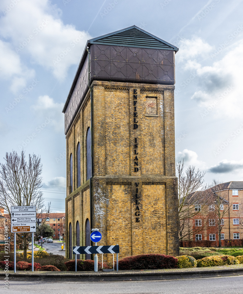 The old water tank tower at the Enfield Island village near London. A ...