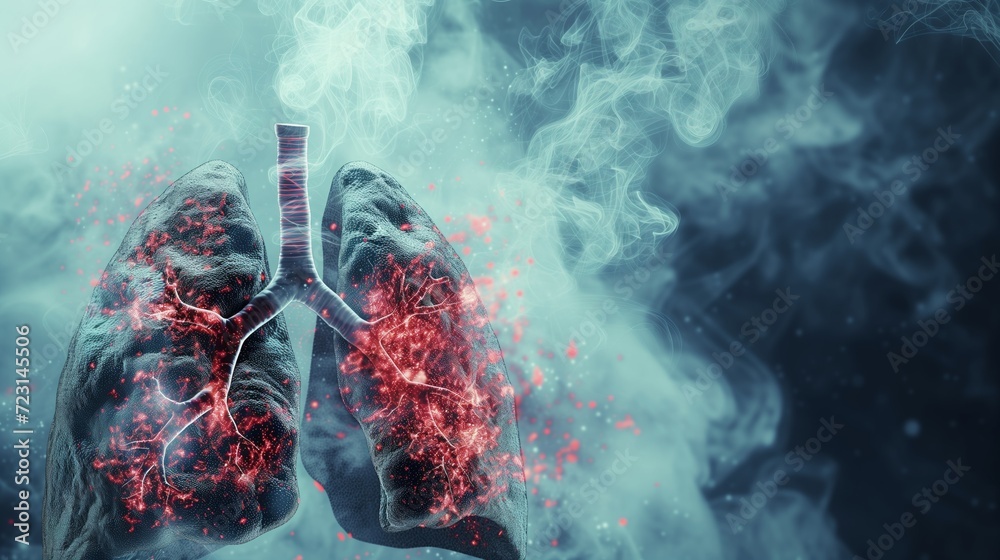 Sick lungs depicted in poor air quality, with visible signs of smoker's ...