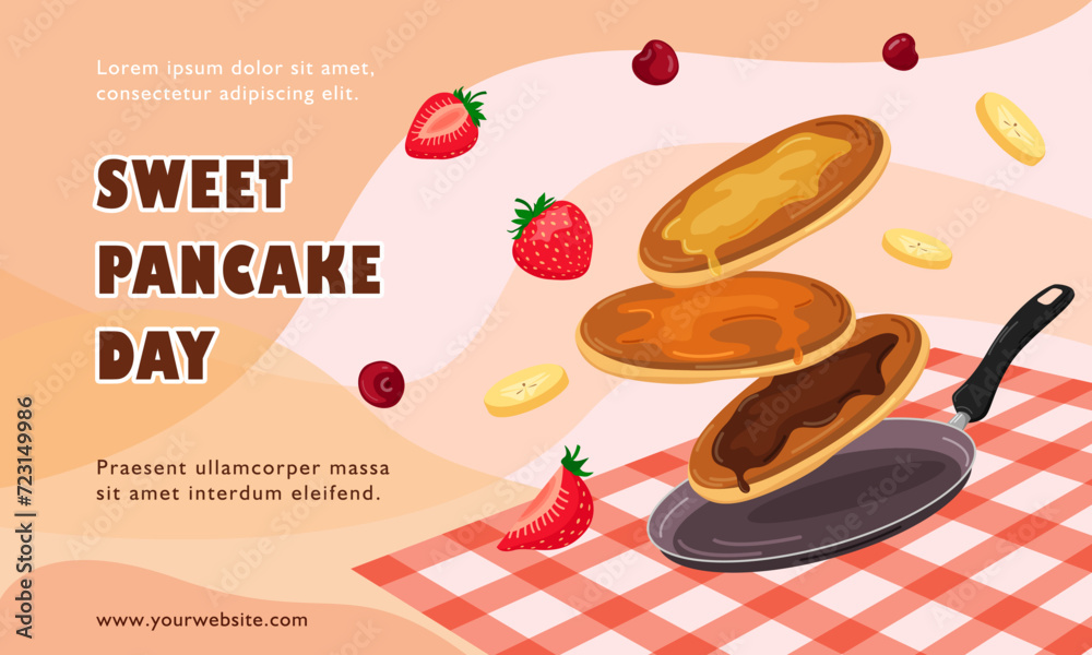 Vector banner for Pancake Day. Pancakes with syrup, melted butter and ...