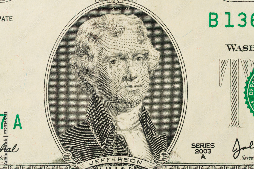 Two-dollar banknote, featuring a portrait of President Thomas Jefferson ...