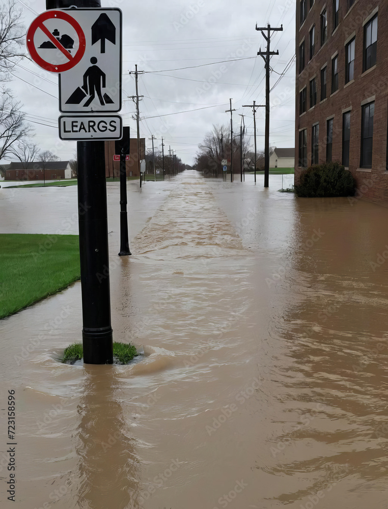 Urban Street Flood - Columbus submerged in flood with sewage overflow, flood barriers, and ...