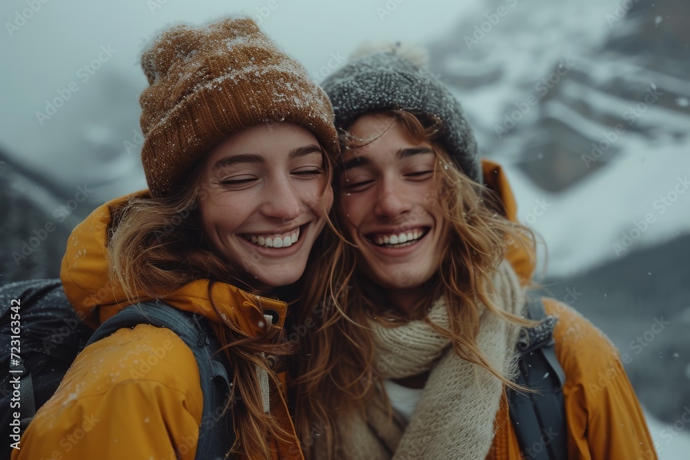 Two friends braving the chilly winter weather to capture a moment of joy and friendship amidst ...