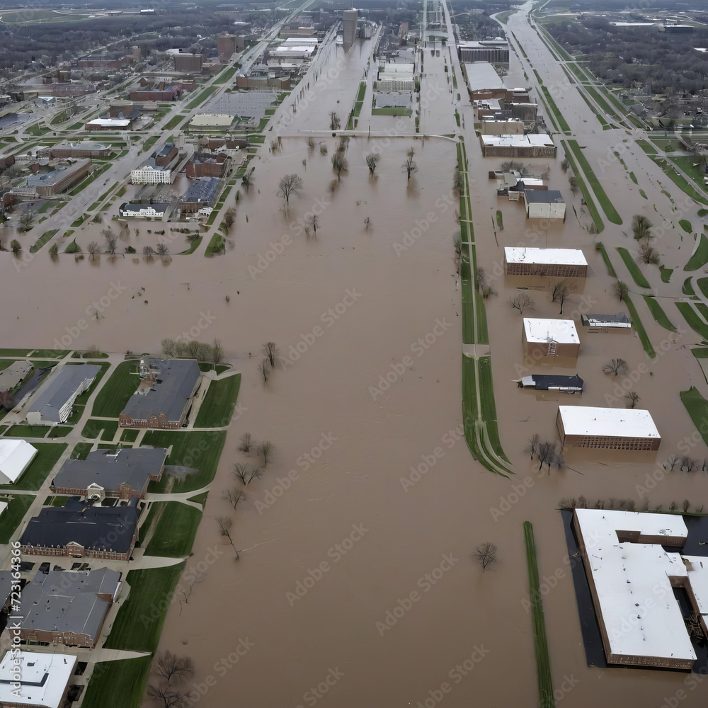 Urban Flood Disaster - Indianapolis submerged in massive flood, overflowing rivers and submerged ...