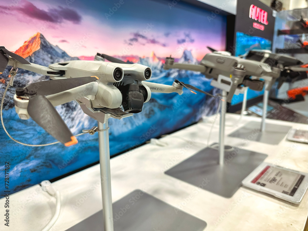 Miami, USA - A variety of DJI drones showcased in a retail environment ...