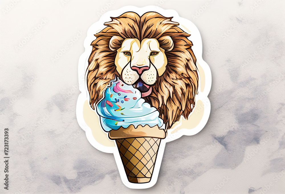 Sticker depicting a cheerful lion eating ice cream. AI Generated Stock ...