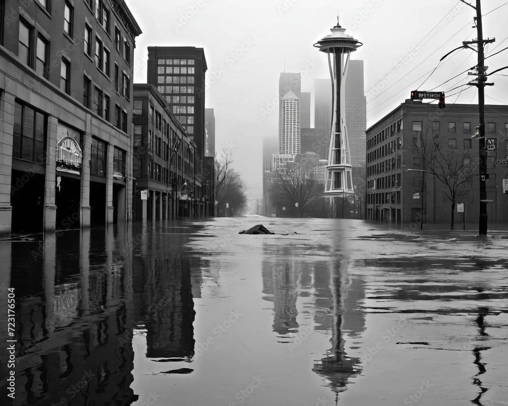 Urban Flood Crisis - Seattle streets submerged in a massive flood ...