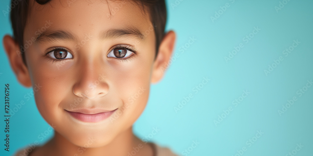 Joyful young boy with a bright smile, turquoise backdrop brings out the ...