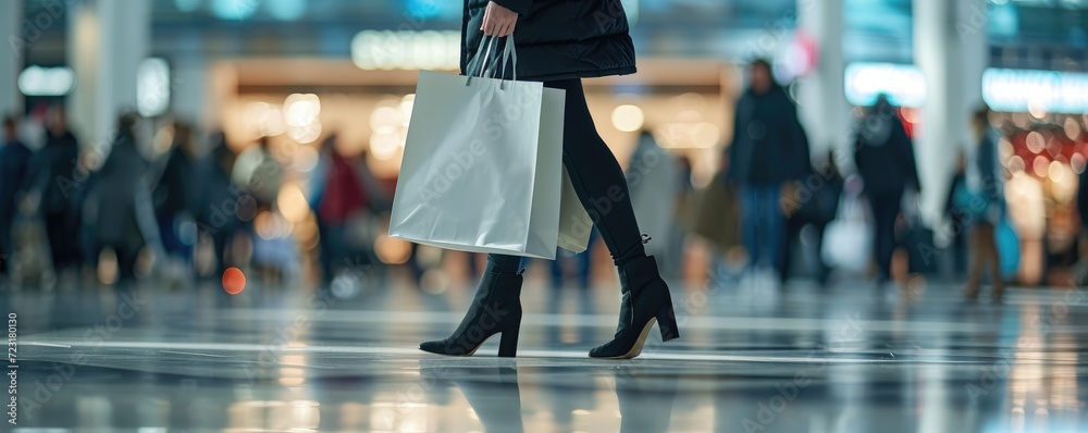 A stylish woman struts confidently down the city street, her arms laden ...