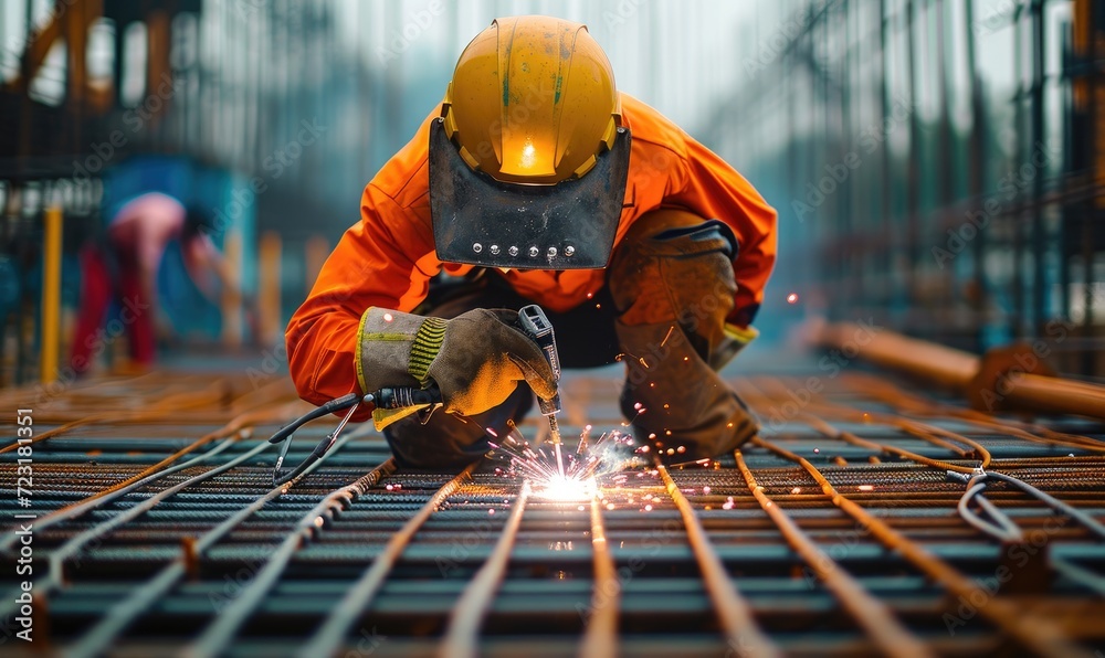 Foto de Construction worker is welding iron structure on construction ...