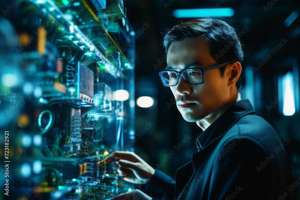 AI generated image of side view of focused ethnic IT engineer with ...