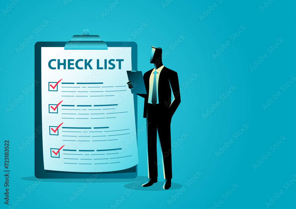 Businessman standing with check list icon, vector illustration, things ...