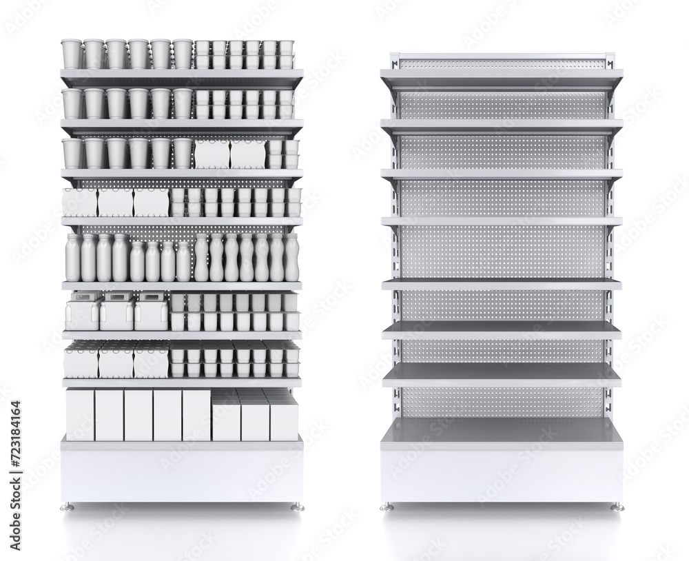 Store shelves with blank dairy products, empty shelves for your goods ...