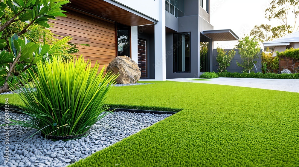 Artificial Grass with houseplants in the lawn. Exterior architectural ...
