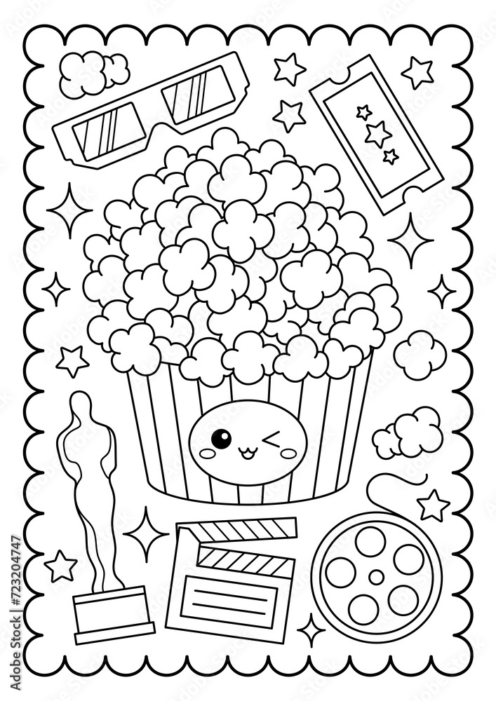 Cute popcorn, movie, film, Oscar. Kawaii characters. Sweets, dessert ...