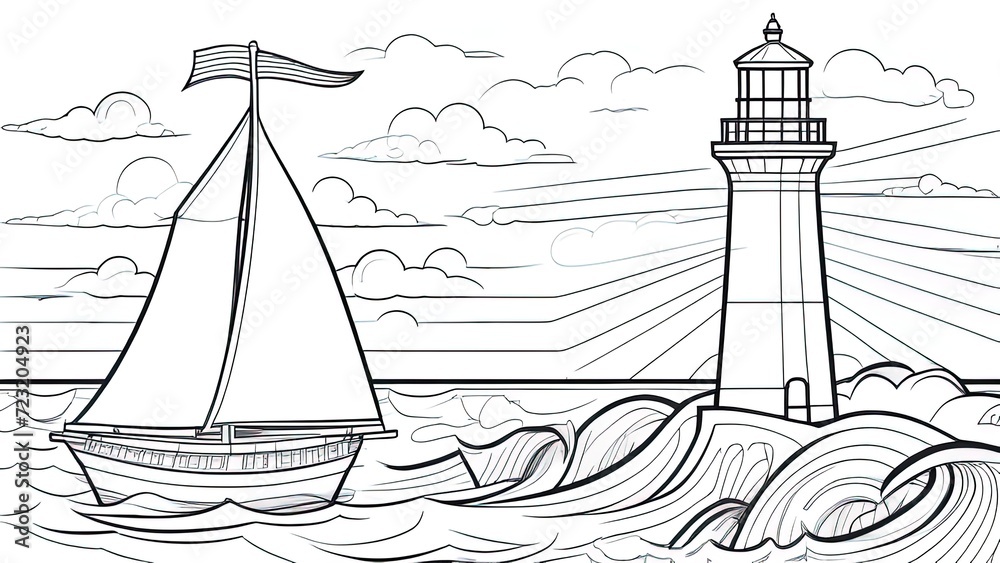 Coloring book for children and adults. . Sea landscape with an old ...
